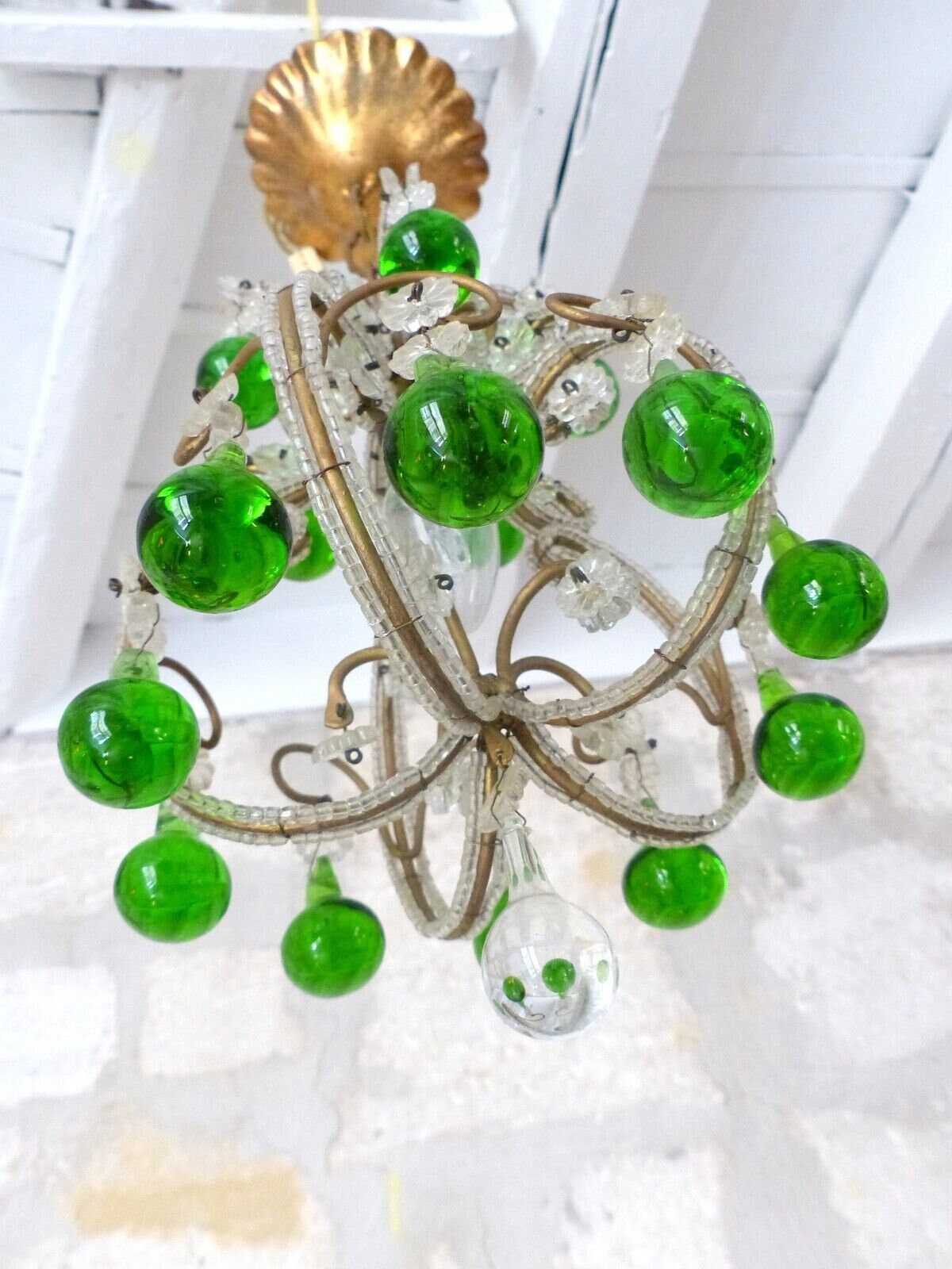 Vintage Chandelier Green Glass Drops Prisms Beads 1930 Italian Ceiling ...