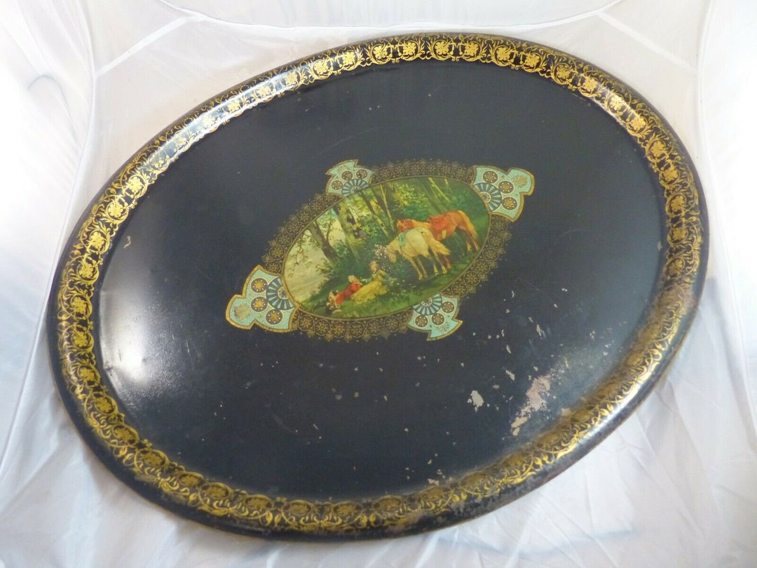 28" Antique 19th C. French Victorian Hand Painted Tole Metal Toleware ...