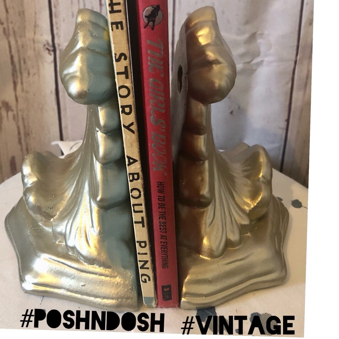 VINTAGE Handcrafted Plaster Ceramic Clay Bookends Matte Bronze Gold ...