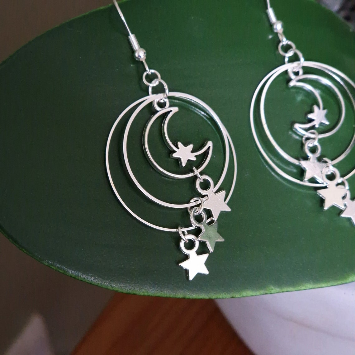 Moon and Dangling Stars Dangle Drop Silver Earrings Stainless Steel 925 ...