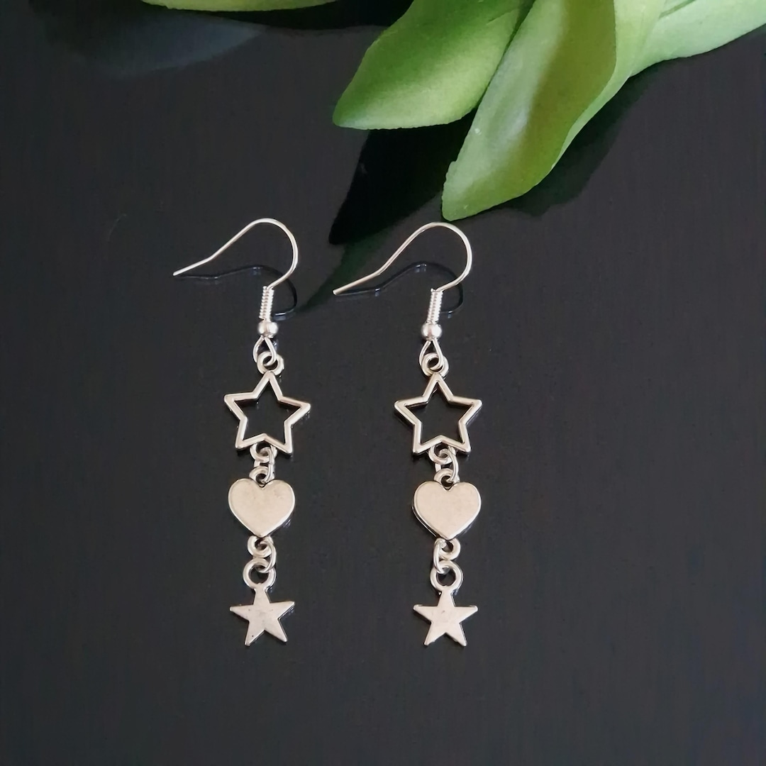 Dangling Stars and Hearts Dangle Drop Silver Earrings Stainless Steel ...