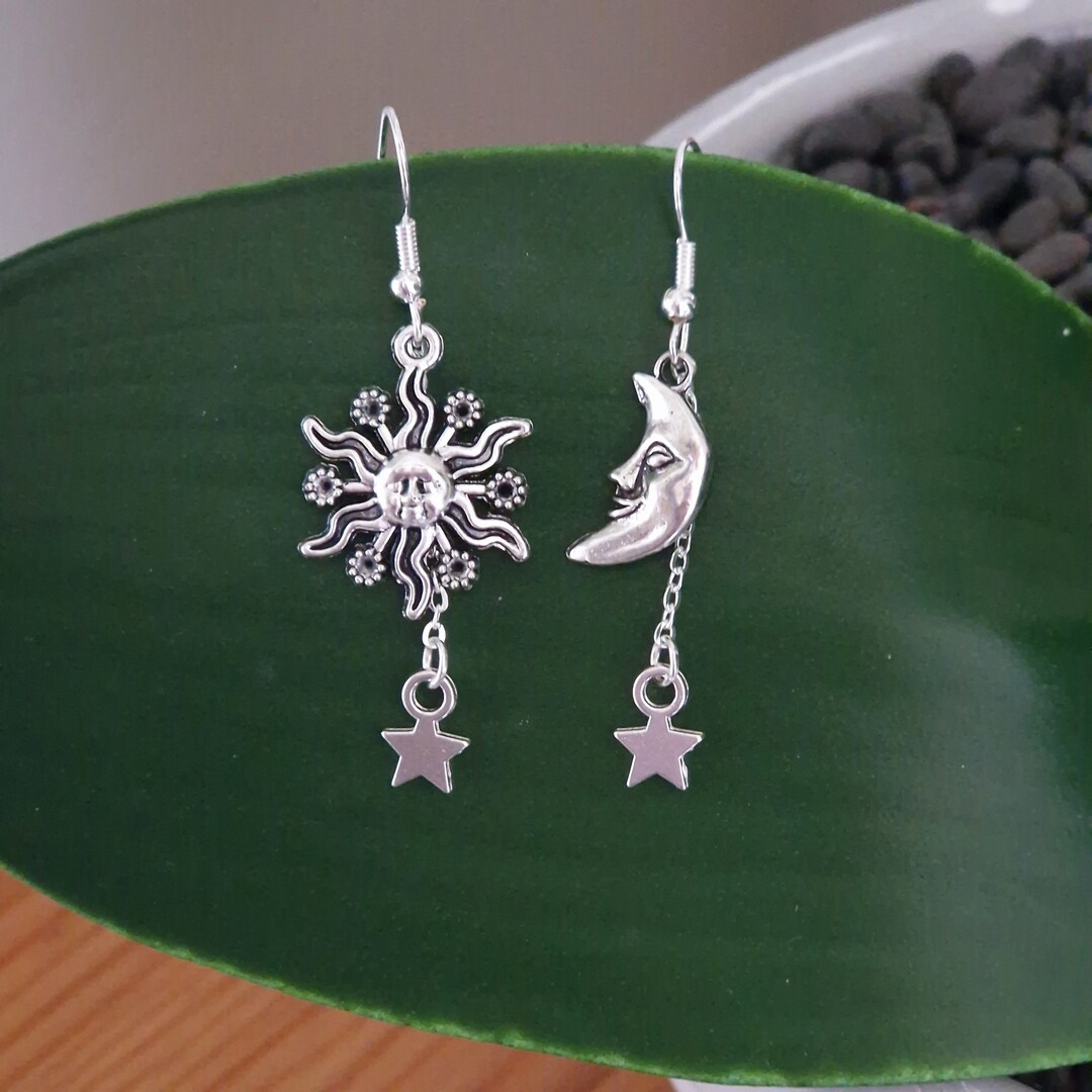 Moon and Sun Dangling Stars Dangle Drop Earrings Silver Stainless Steel ...