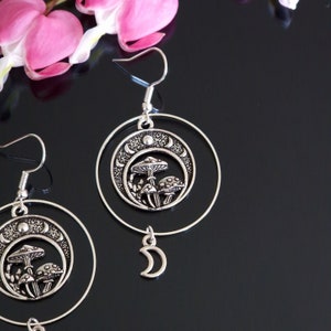 Moon Phases and Mushrooms Toadstool in Circle Earrings Round Dangle ...