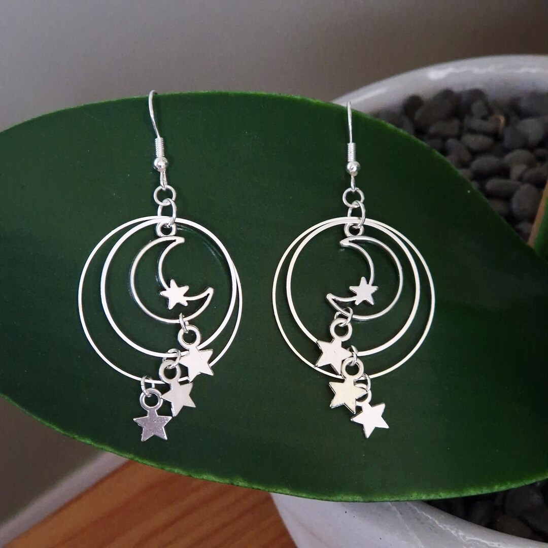 Moon and Dangling Stars Dangle Drop Silver Earrings Stainless Steel 925 ...