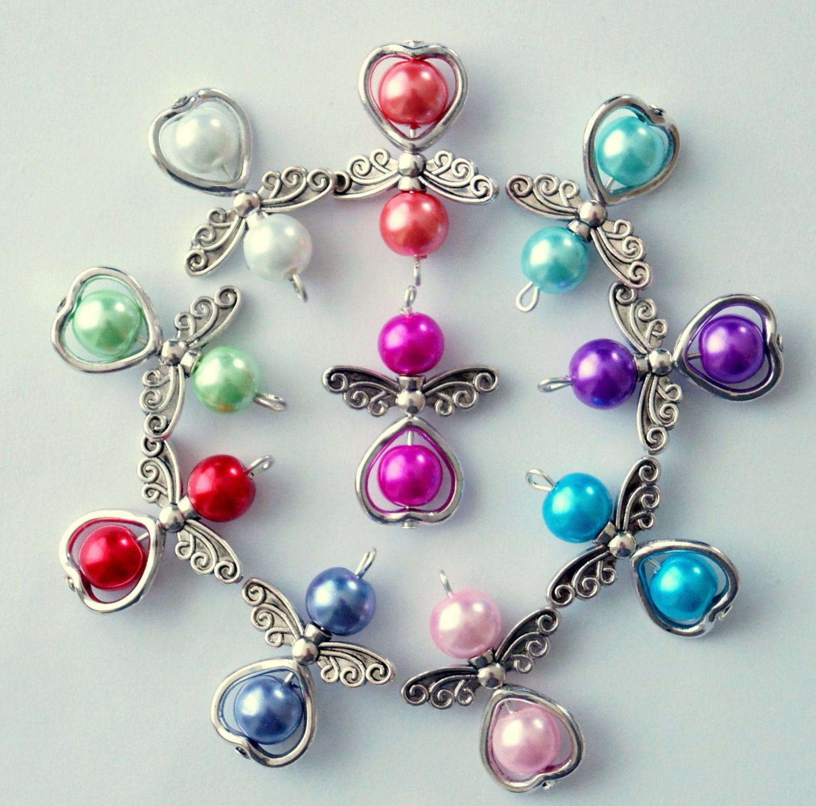 10 or 20 Mixed Angel Charms Pendant Metal Heart Pearl Beads Silver ...