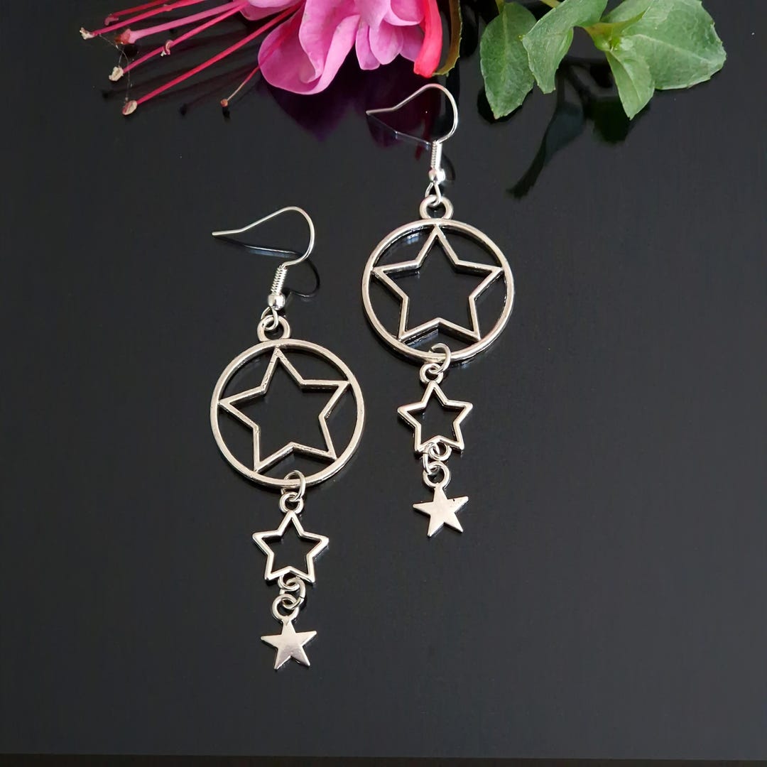 Dangling Stars Celestial Dangle Drop Silver Earrings Stainless Steel ...
