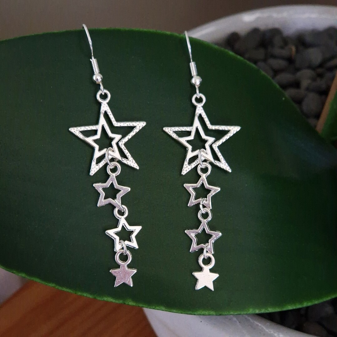 Dangling Stars Dangle Drop Silver Earrings Stainless Steel 925 Sterling ...