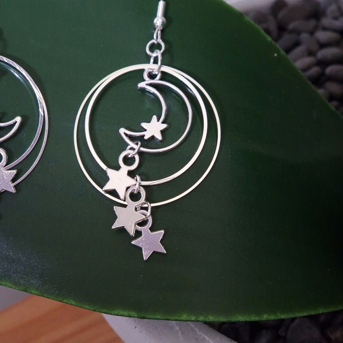 Moon and Dangling Stars Dangle Drop Silver Earrings Stainless Steel 925 ...