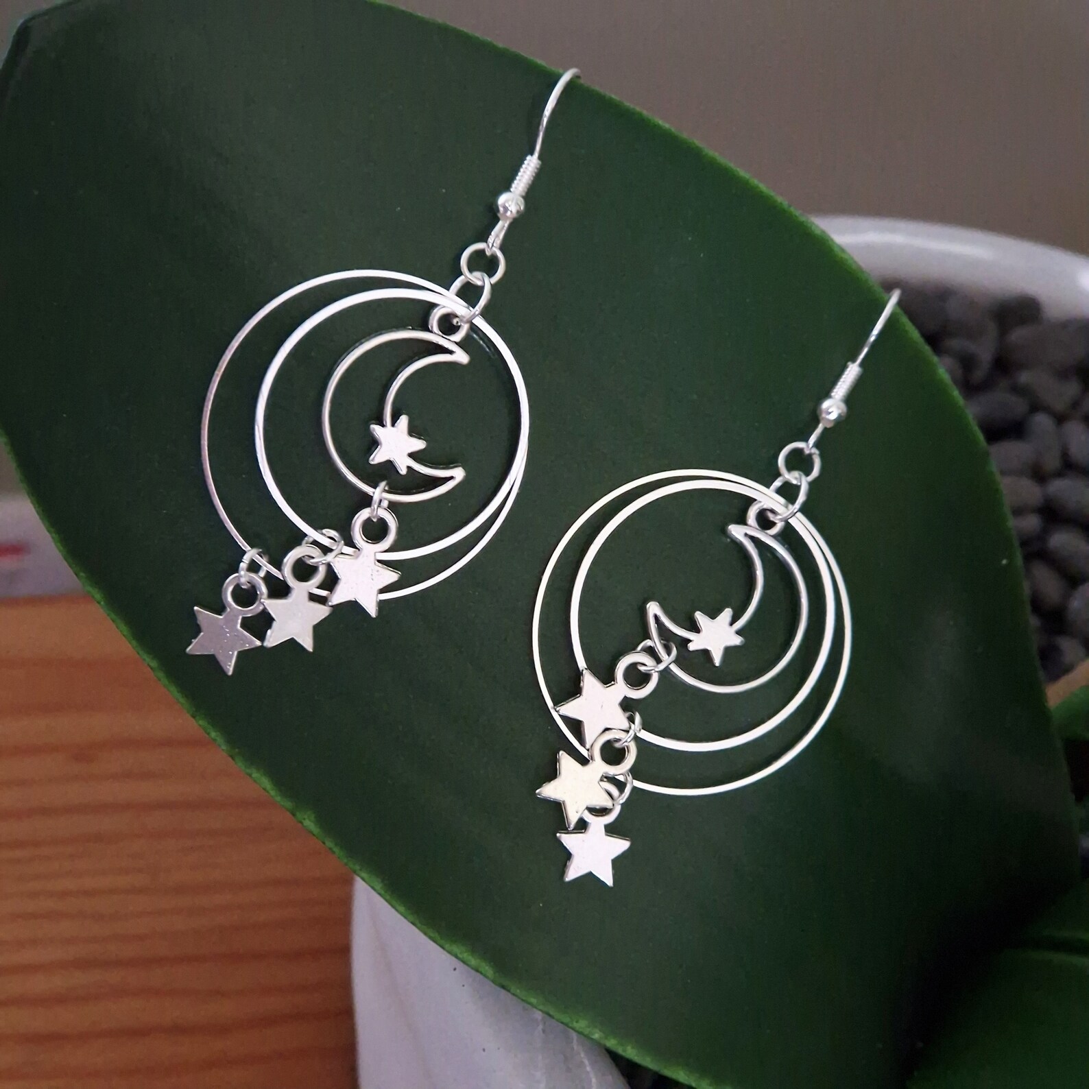 Moon and Dangling Stars Dangle Drop Silver Earrings Stainless Steel 925 ...