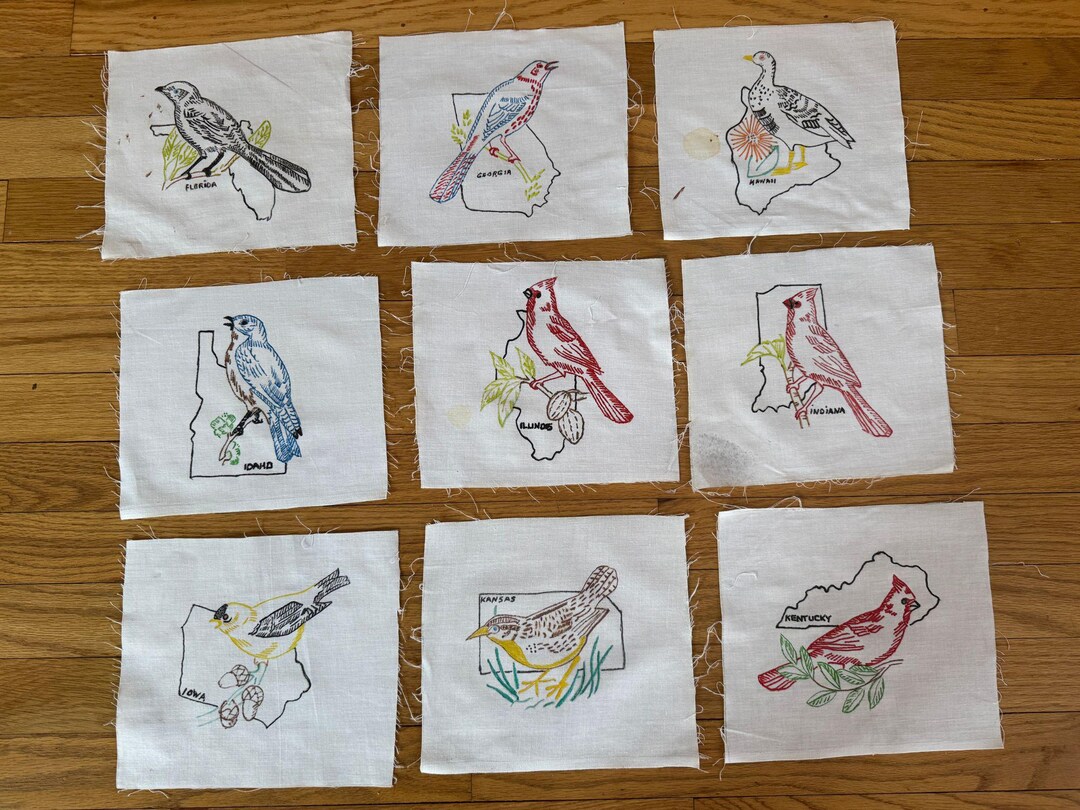 Vintage State Bird Embroidery Quilt Square: Americana Craft Fabric - Etsy