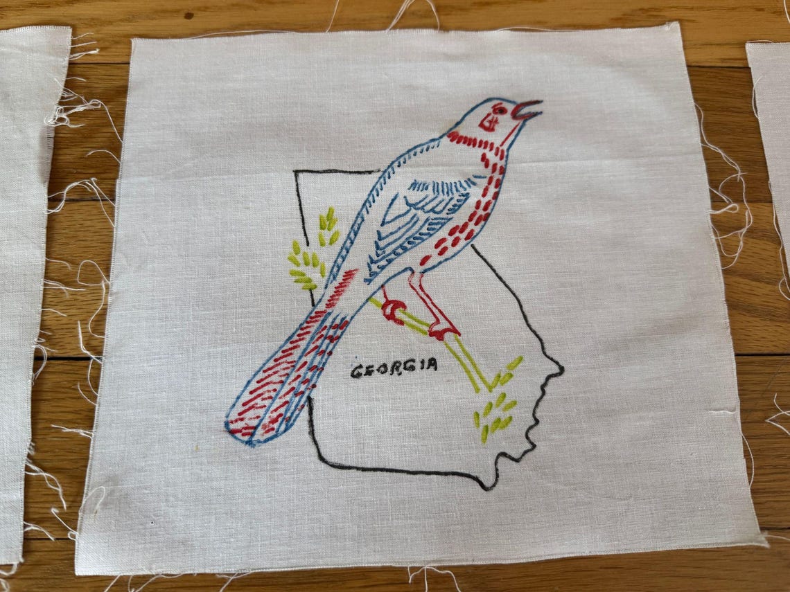 Vintage State Bird Embroidery Quilt Square: Americana Craft Fabric - Etsy