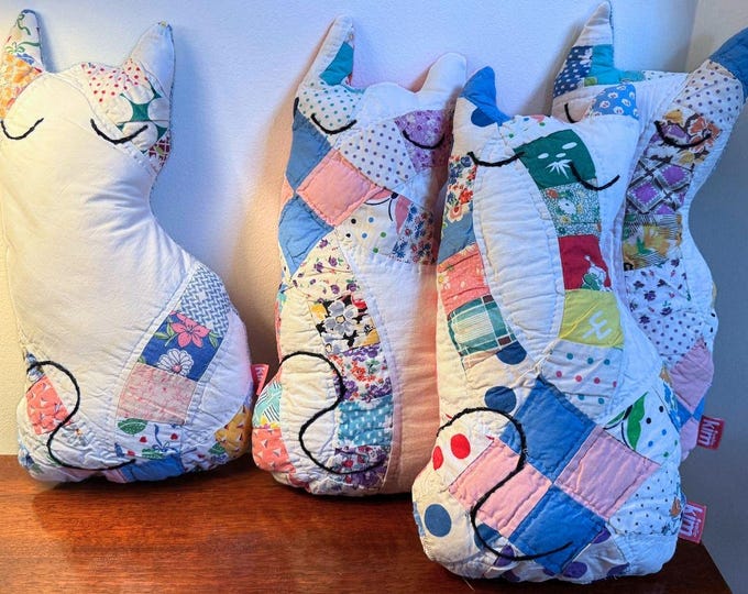 Vintage Quilt Cat Pillow: Handmade Repurposed Antique Farmhouse Decor ...