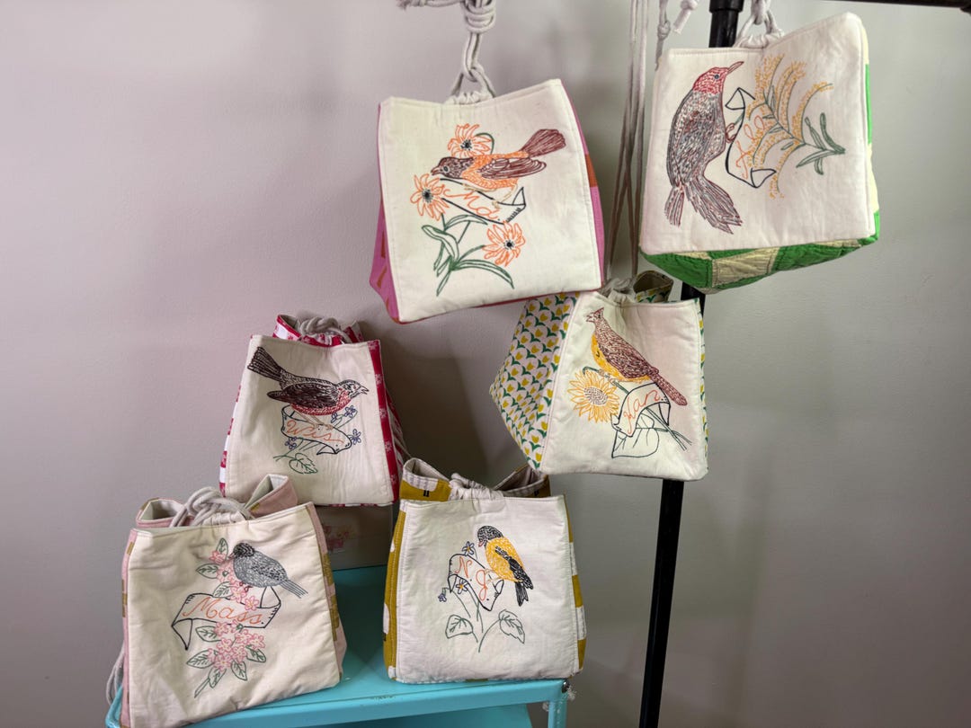 Vintage State Bird Stash Cube Bag: Upcycled Quilt Komebukuro - [state ...