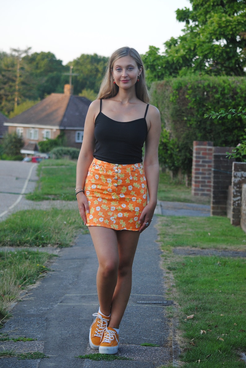 80s/90s Vintage Orange Floral Daisy Mini Skirt With Horse Bit Detail - Etsy