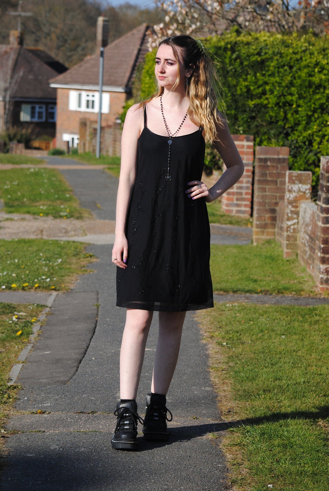 90s Vintage Black Beaded Floral Mesh Slip Dress - Etsy
