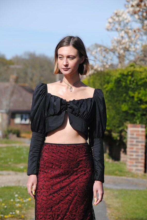 Y2k Vintage Black Milkmaid Style Crop Top Gem