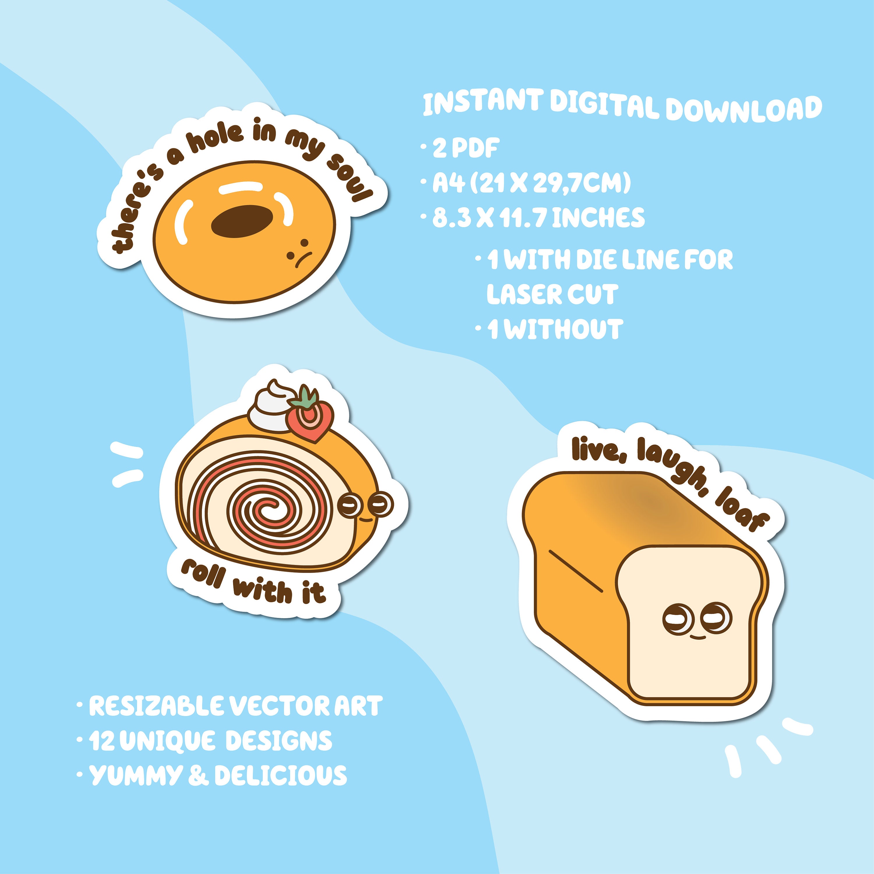 Bread & Pastry Stickers DIGITAL DOWNLOAD 12 Unique Designs Cute ...