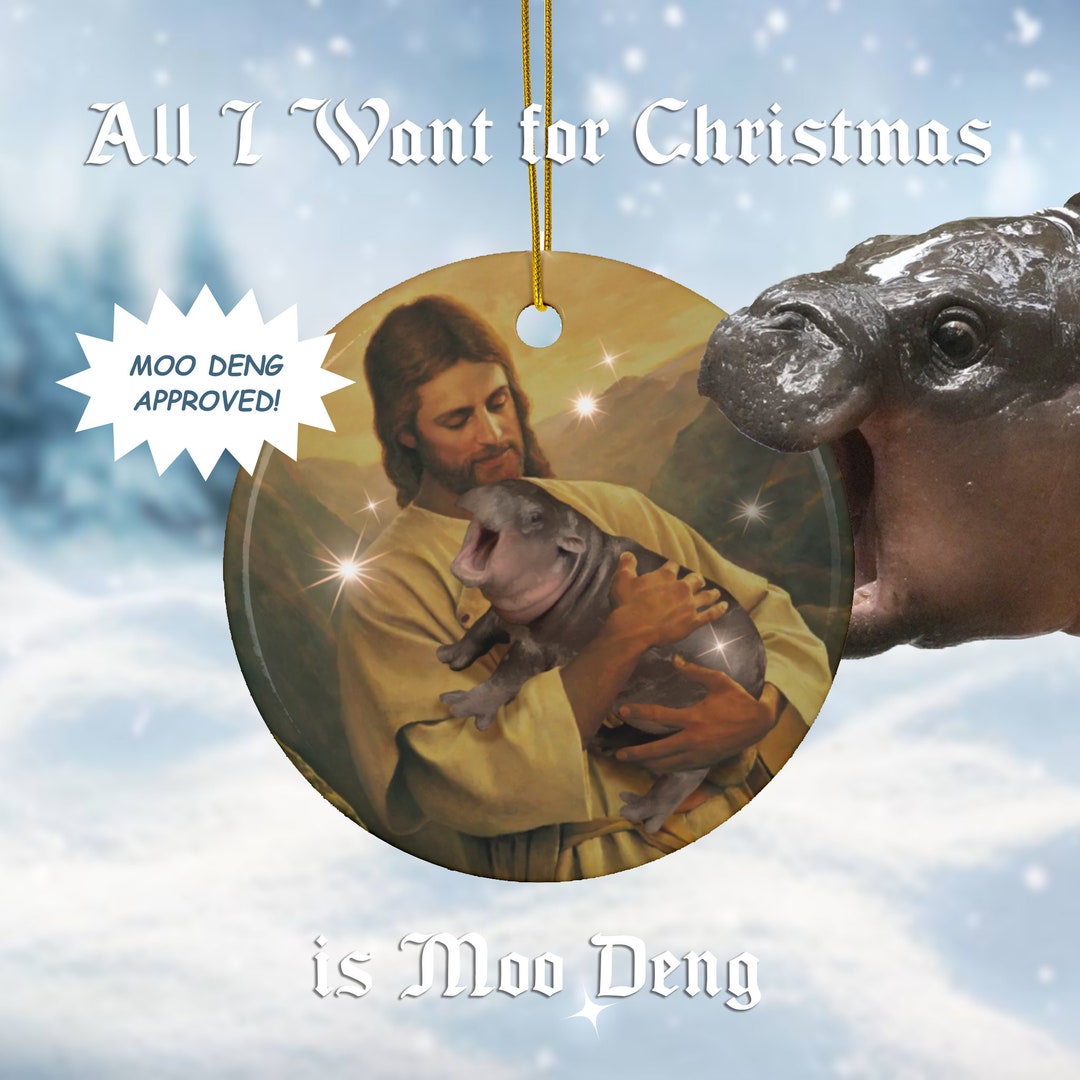 Jesus Holding Moo Deng Ceramic Ornament Baby Hippo Christmas Tree ...