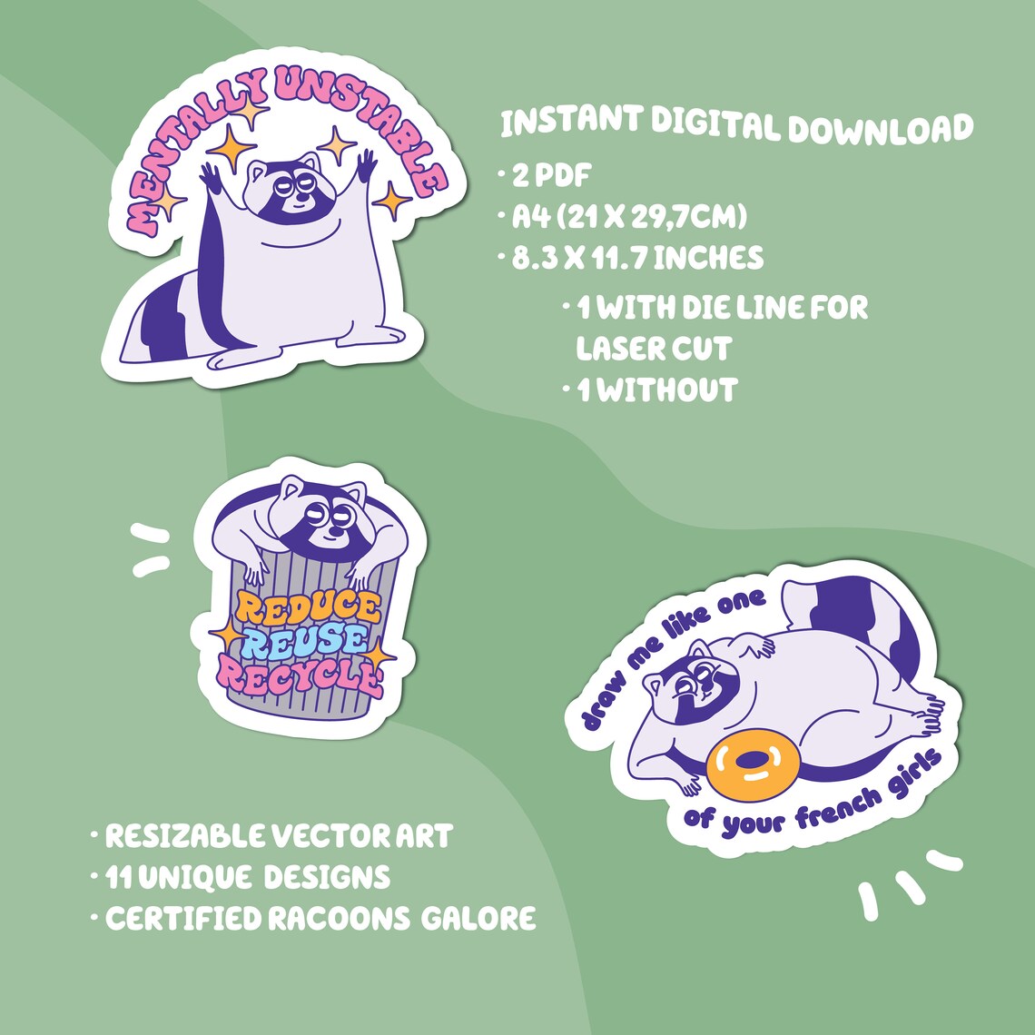Raccoon Stickers DIGITAL DOWNLOAD 11 Unique Designs Cute Stationery ...