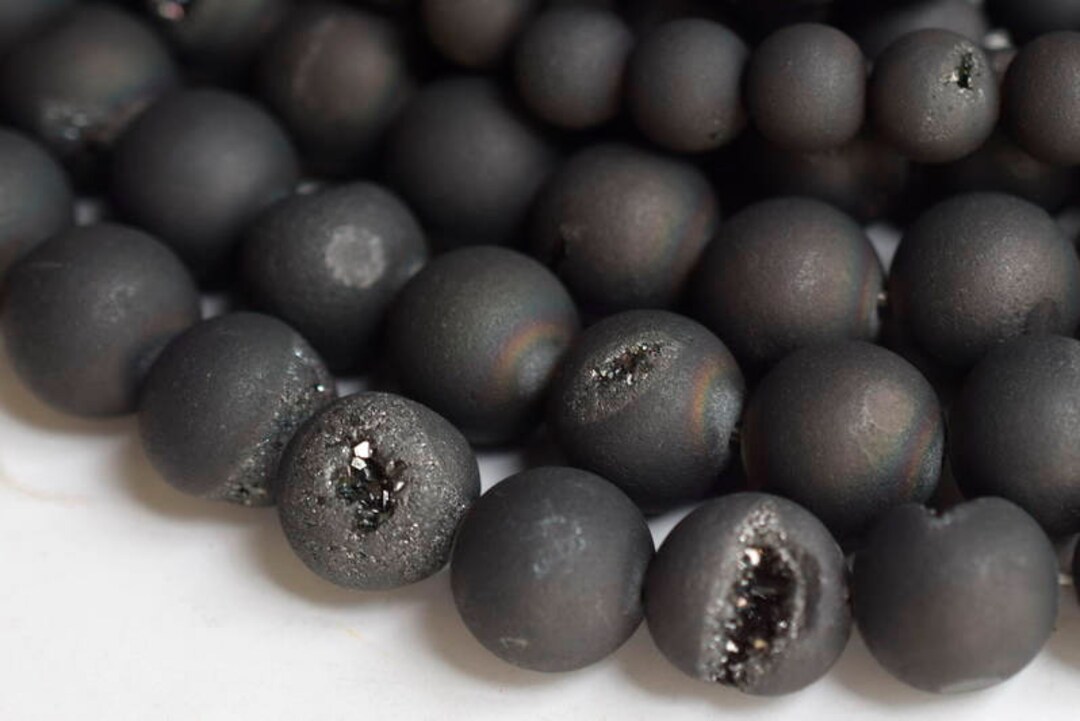 15" 6mm/8mm/10mm Plating Dark Grey Druzy Agate Round Beads, Matte Dark ...