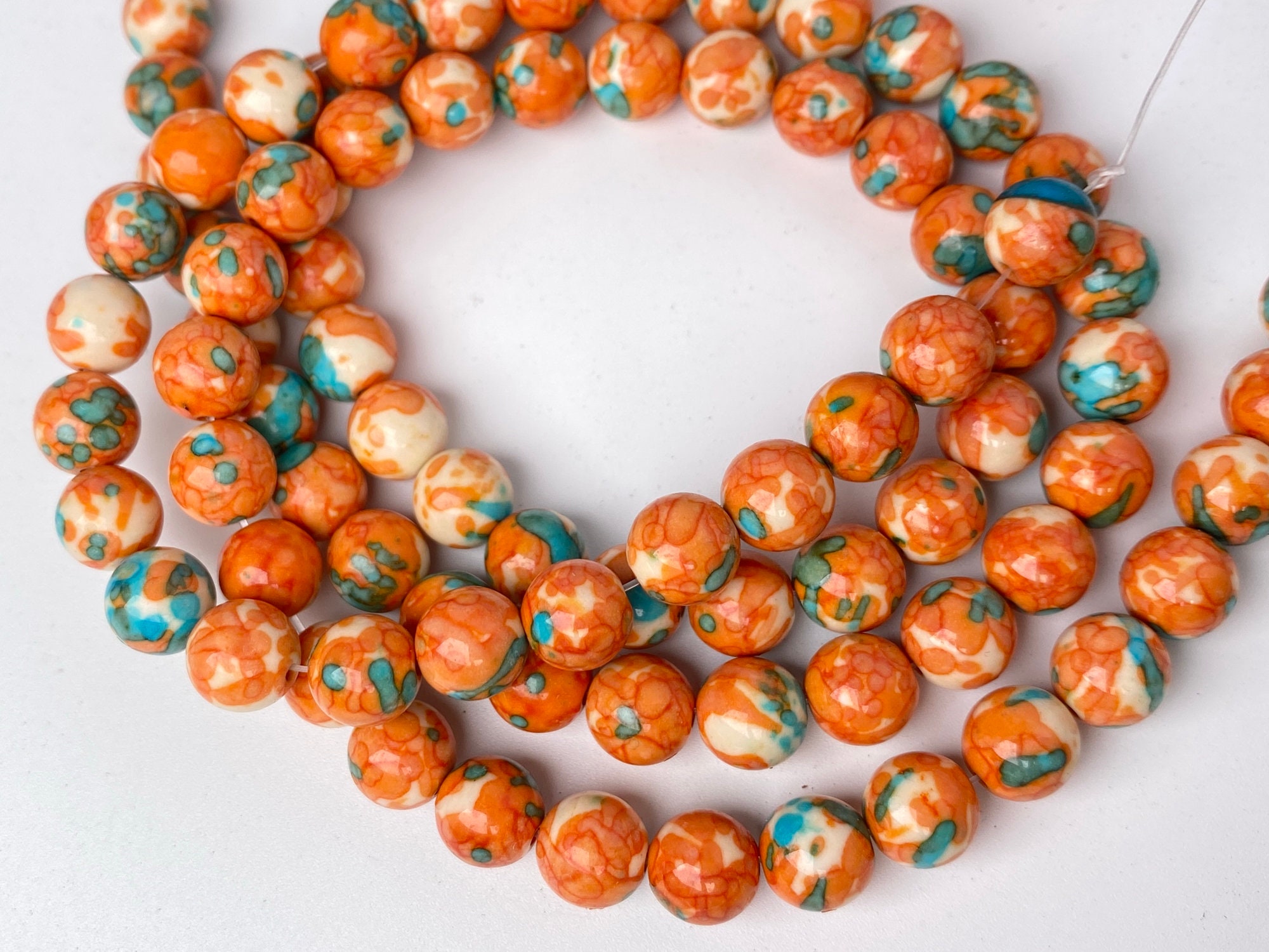 15.5" 8mm/10mm Dyed Dark Orange Blue Rain Flower Stone Round Beads ...