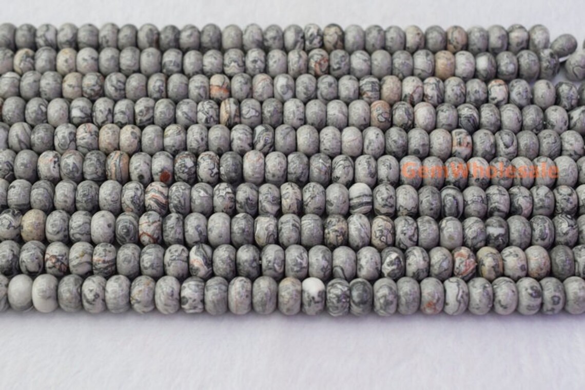 15.5" 8x12mm Natural Grey Map Stone Rondelle Beads, Natural Grey Map ...