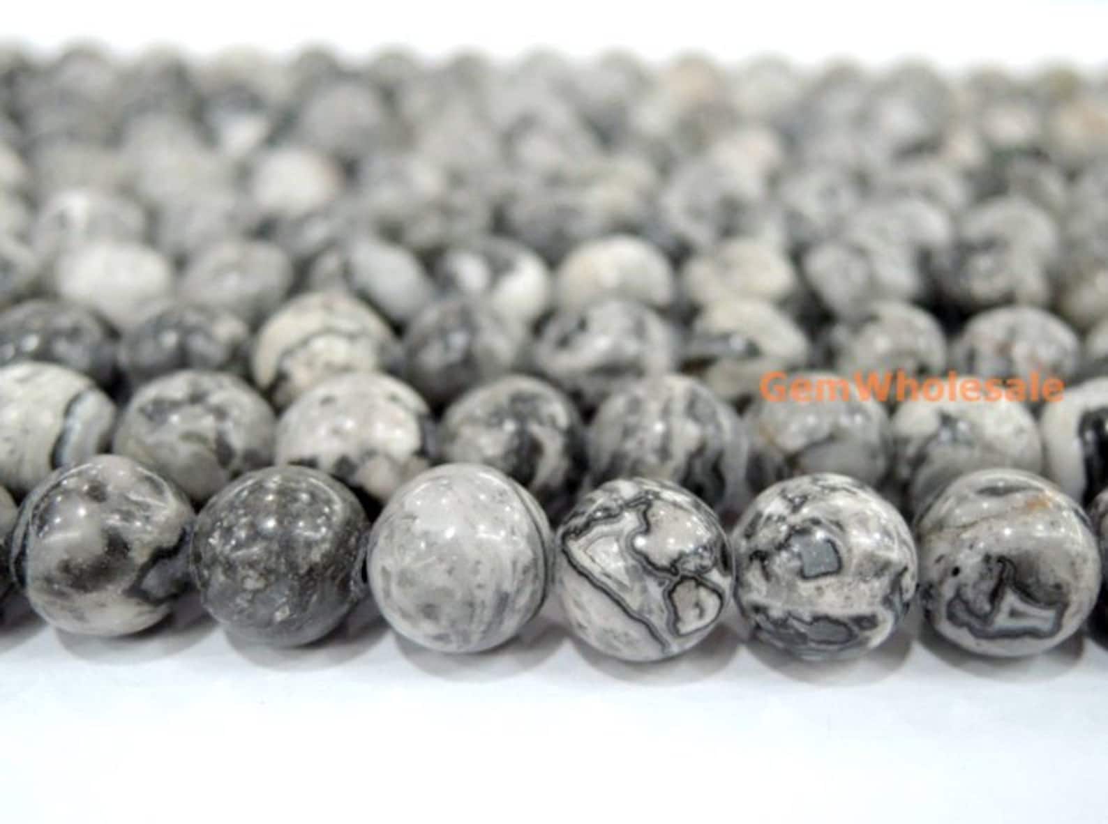 15.5 8mm Natural Grey Map Stone Round Beads | Etsy