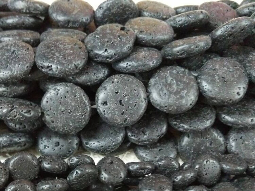 15.5" 16mm/18mm Black Lava Disc Coin Beads Pendant, Semi-precious Stone ...
