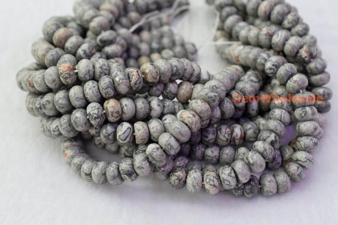 15.5" 8x12mm Natural Grey Map Stone Rondelle Beads, Natural Grey Map ...