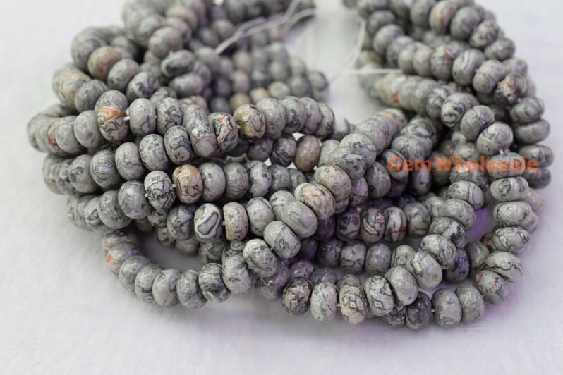 15.5" 8x12mm Natural Grey Map Stone Rondelle Beads, Natural Grey Map ...