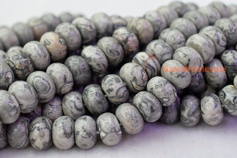 15.5" 8x12mm Natural Grey Map Stone Rondelle Beads, Natural Grey Map ...