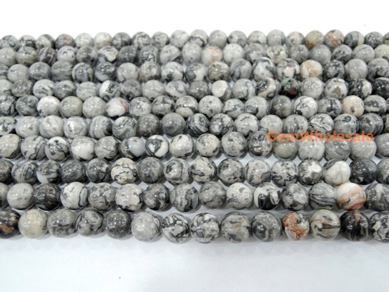 15.5 8mm Natural Grey Map Stone Round Beads | Etsy