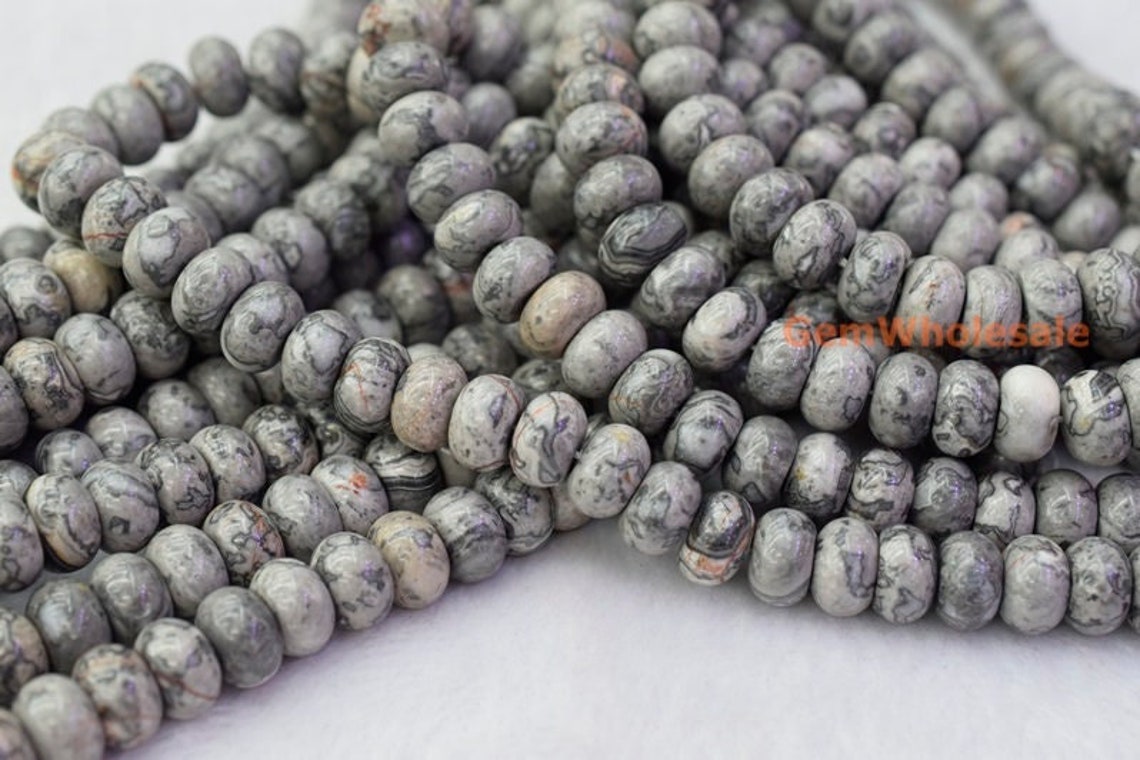 15.5" 8x12mm Natural Grey Map Stone Rondelle Beads, Natural Grey Map ...