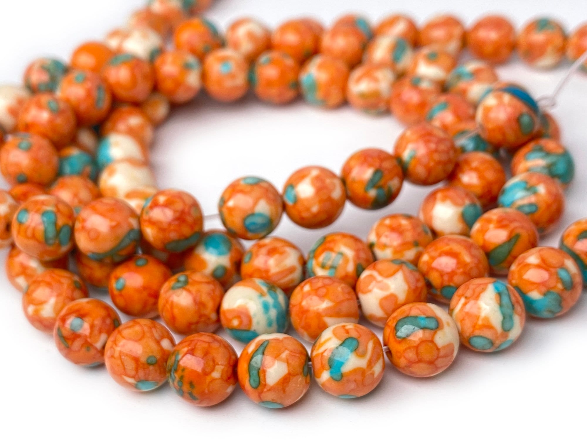 15.5" 8mm/10mm Dyed Dark Orange Blue Rain Flower Stone Round Beads ...