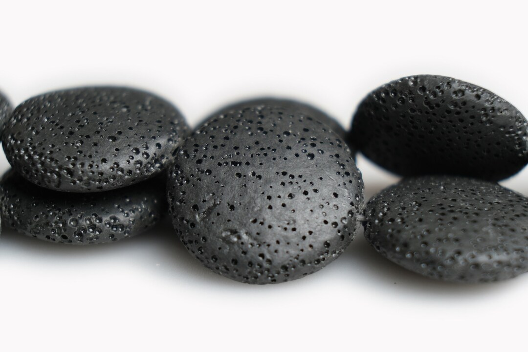 15.5" Black Lava Disc Pendant 20mm/25mm/30mm, Black Lava Coin Beads ...
