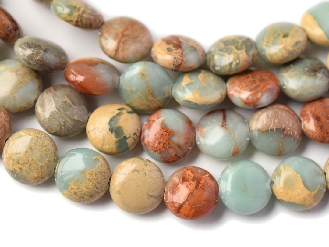 15" 8mm/10mm Blue Aqua Terra Jasper Coin Beads, Blue African Opal Beads ...
