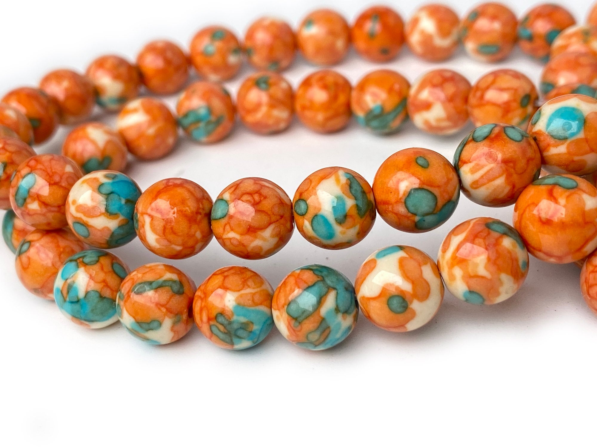 15.5" 8mm/10mm Dyed Dark Orange Blue Rain Flower Stone Round Beads ...