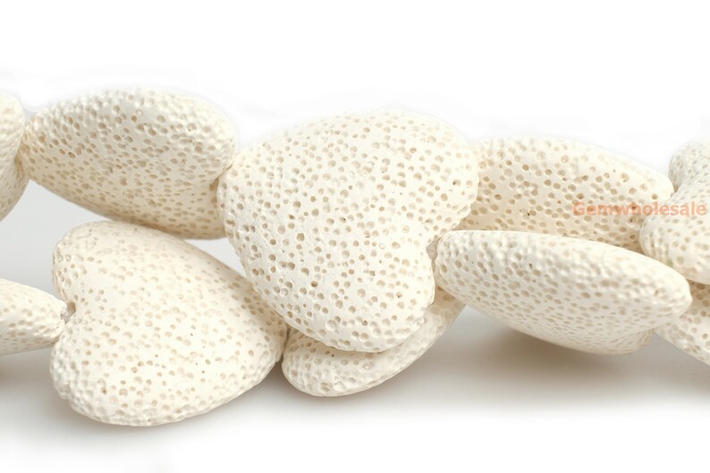 15.5" White Lava Heart Pendant 20mm/28mm, White Lava Heart Beads, Semi ...