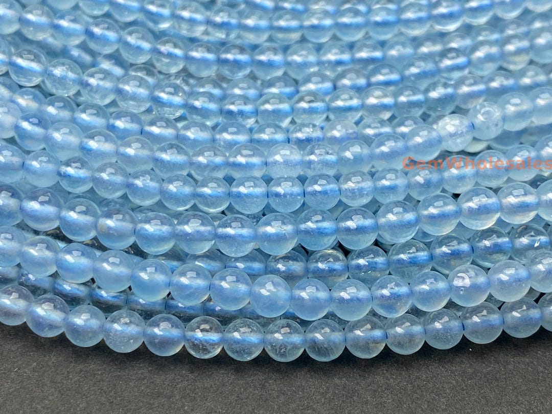 15" 4mm A Natural Aquamarine Round Beads, High Quality Light Blue Color ...