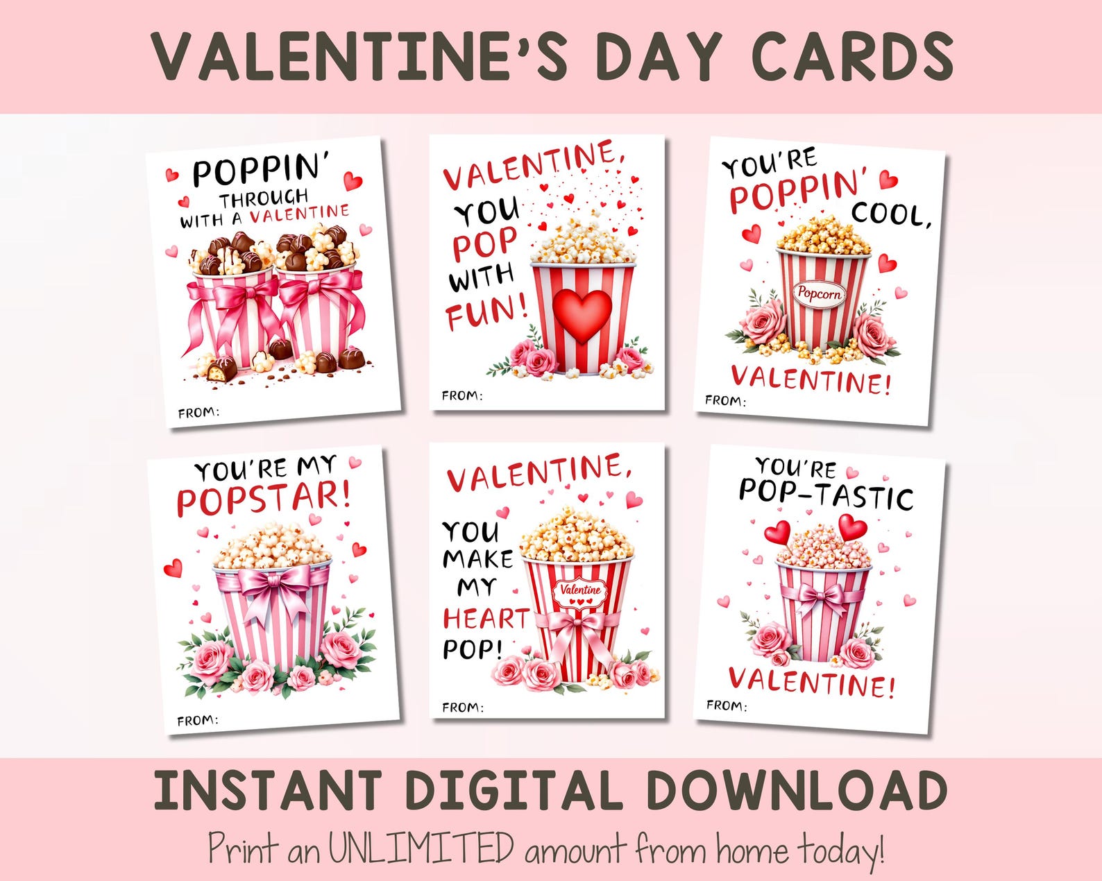 Popcorn Valentine Cards for Kids, Kids Valentine Cards, Printable ...