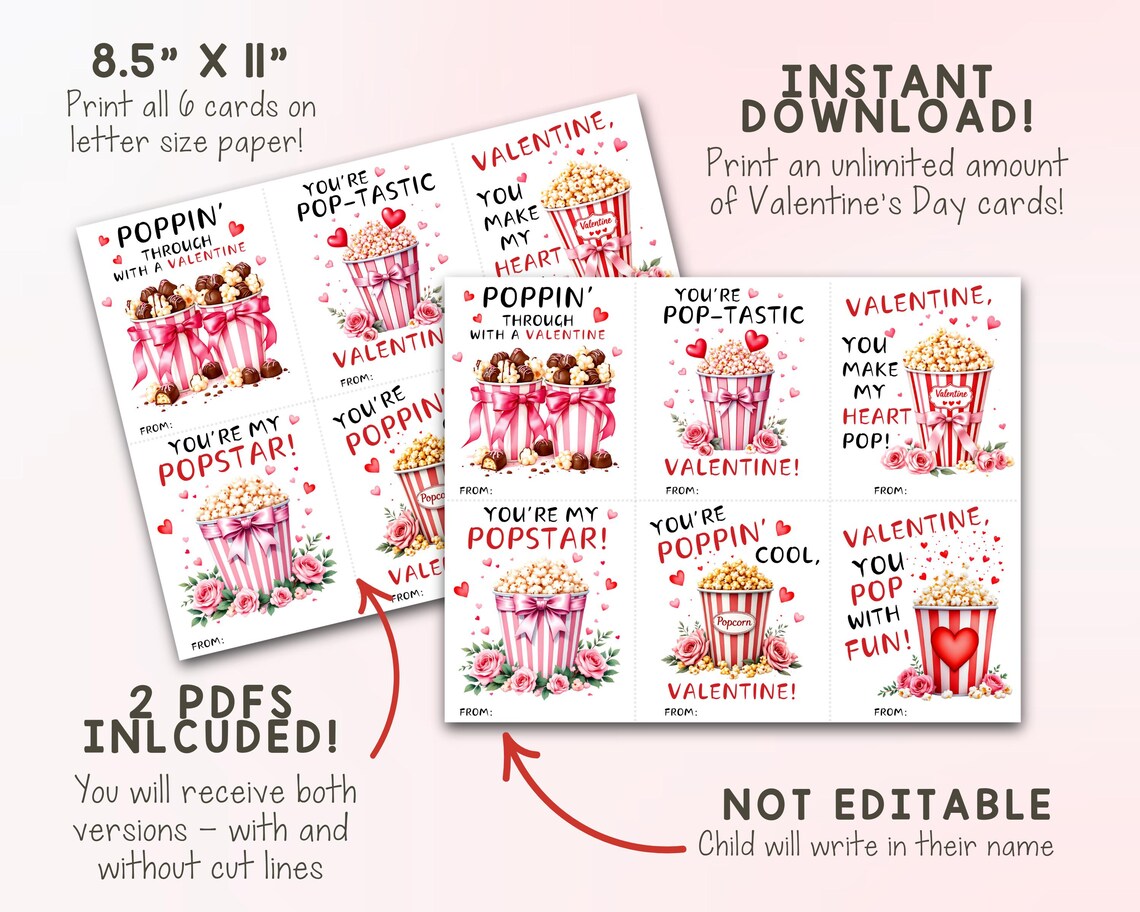 Popcorn Valentine Cards for Kids, Kids Valentine Cards, Printable ...
