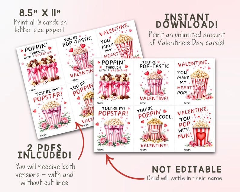 Popcorn Valentine Cards for Kids, Kids Valentine Cards, Printable ...