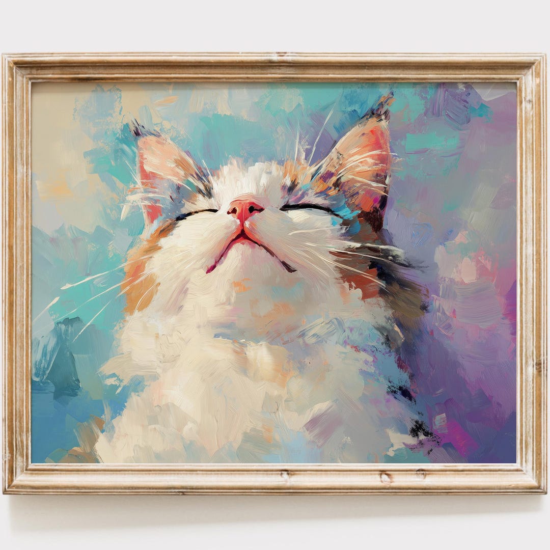 Whimsical Cat Art Print | Linen Texture, Handmade in USA - Etsy