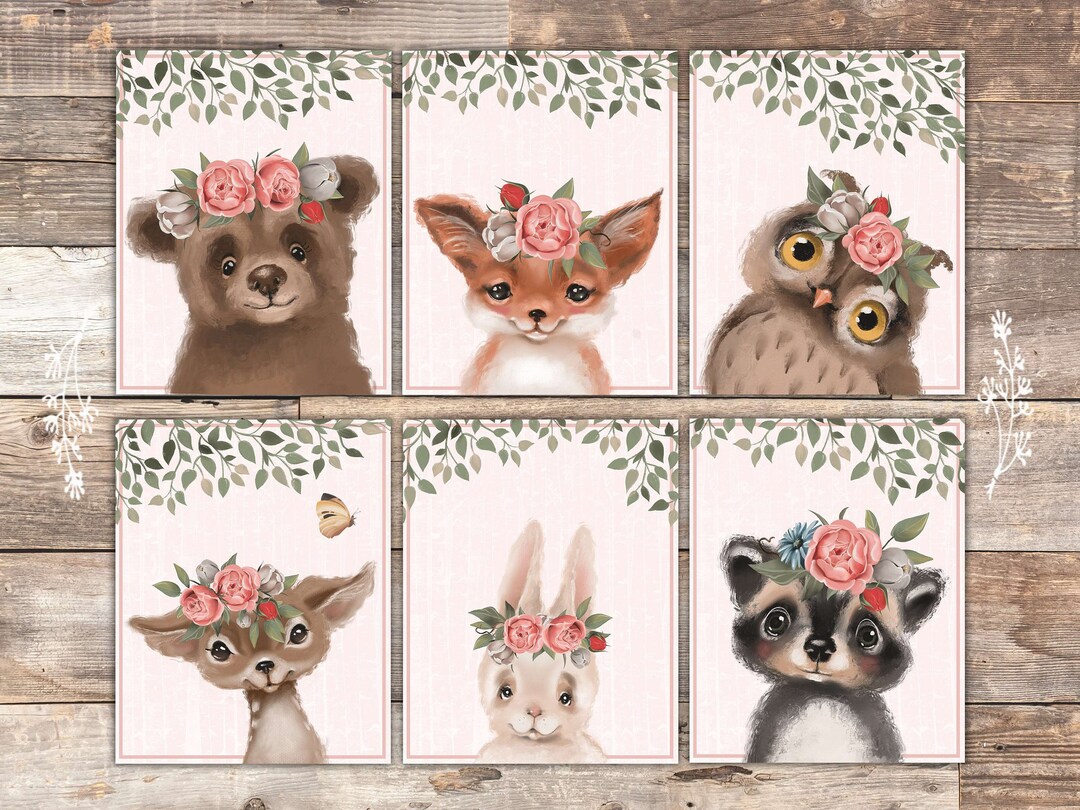 Woodland Animals Floral Art Prints set of 6 8x10s - Etsy