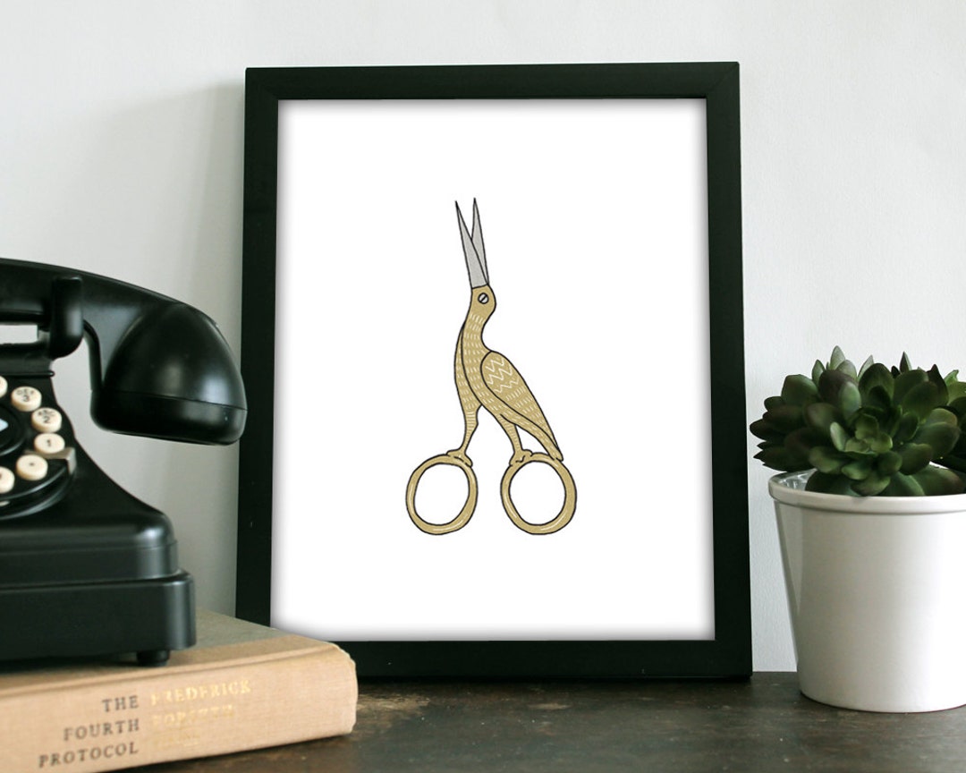 Bird Scissors Art Print - Digital Instant Download, Gold, Brass - Etsy