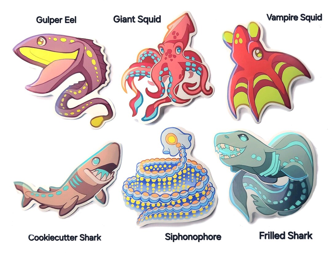 Deep Sea Creature Stickers - Gulper Eel, Giant Squid, Vampire Squid ...