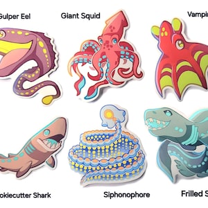 Deep Sea Creature Stickers - Gulper Eel, Giant Squid, Vampire Squid ...