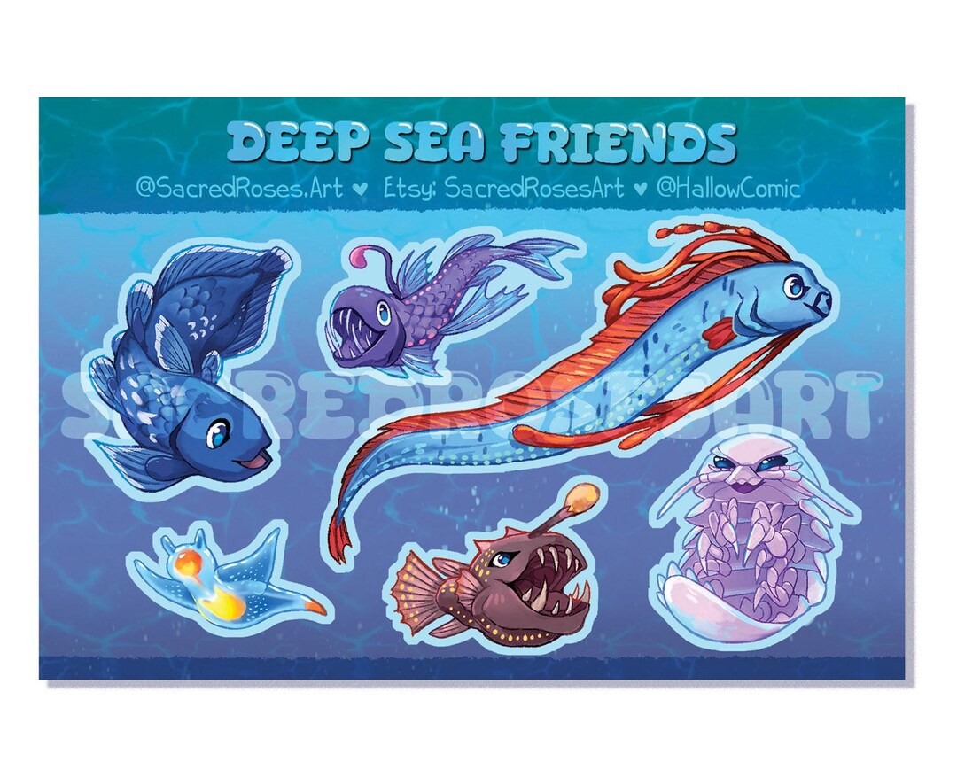 Deep Sea Sticker Sheet - Oarfish, Coelacanth, Sea Angel, Angler Fish ...