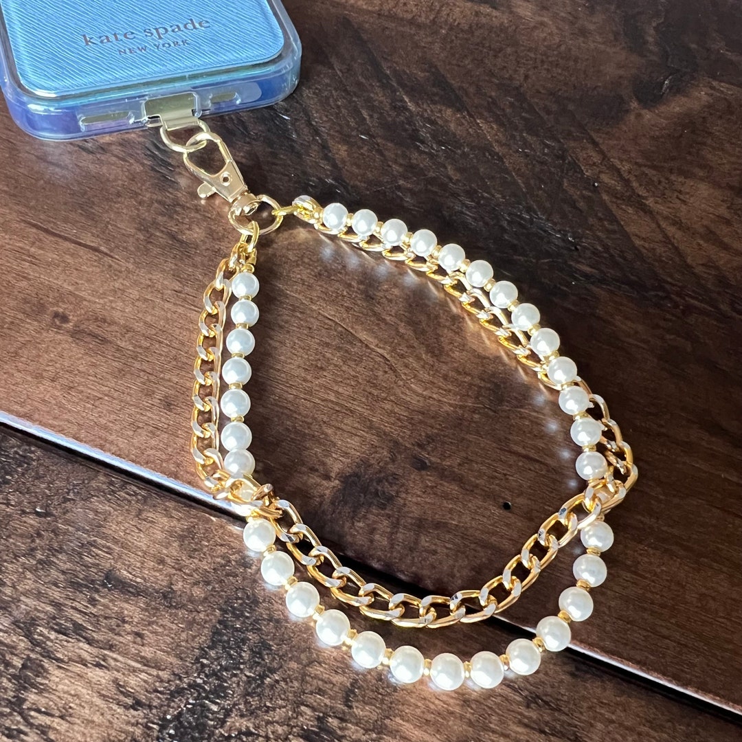 Pearl Phone Wristlet Double Strand Phone Bracelet Cute Phone Strap Gold ...