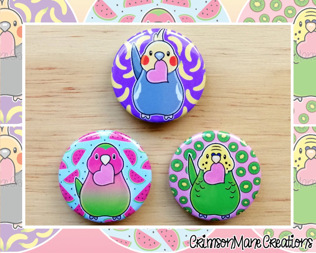 Bird Badge Button Pin Set - Cockatiel Lovebird Budgie Parrot - Bird ...
